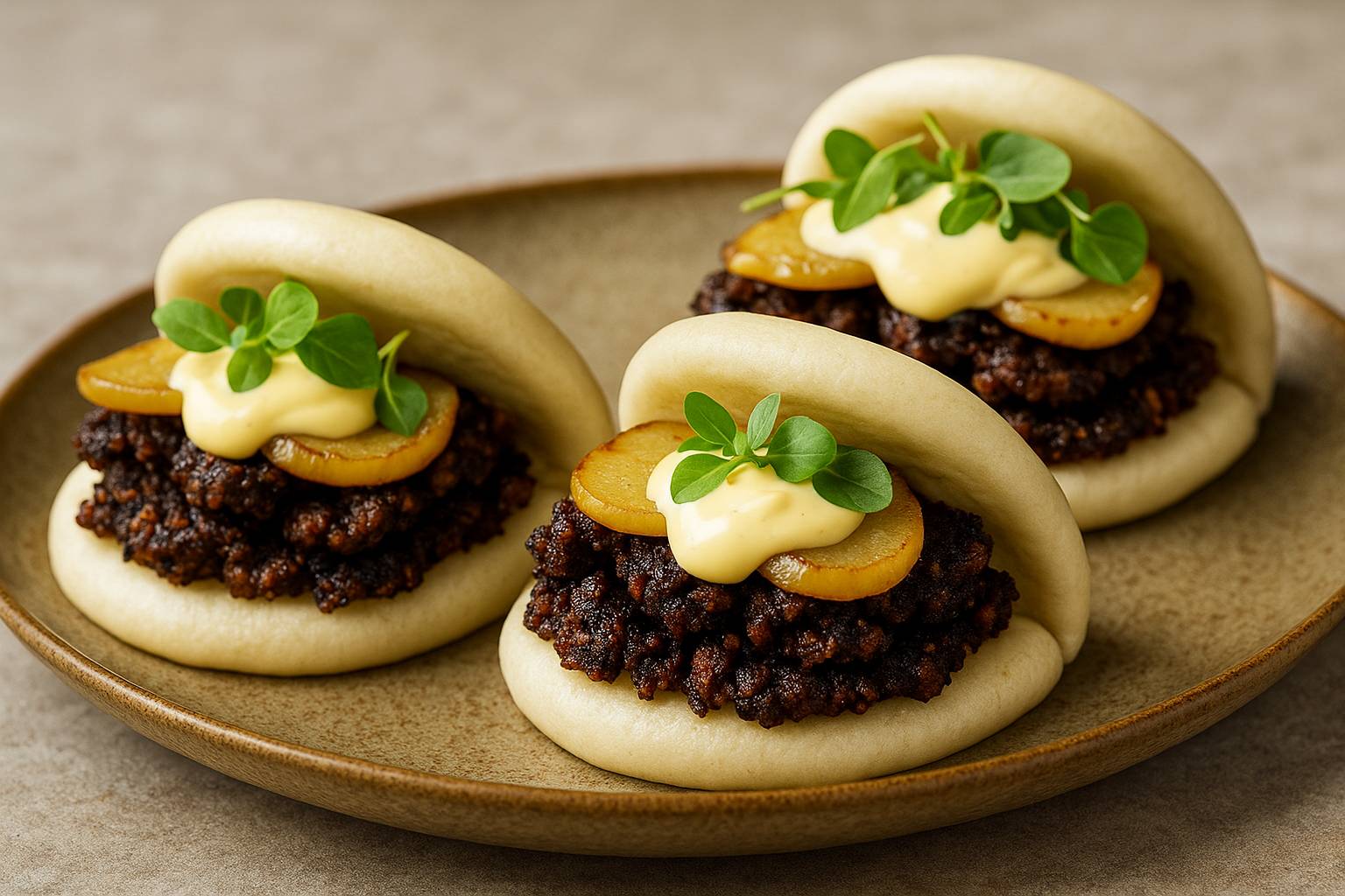 Pan bao con morcilla crujiente, manzana y alioli de ajo asado (street ...